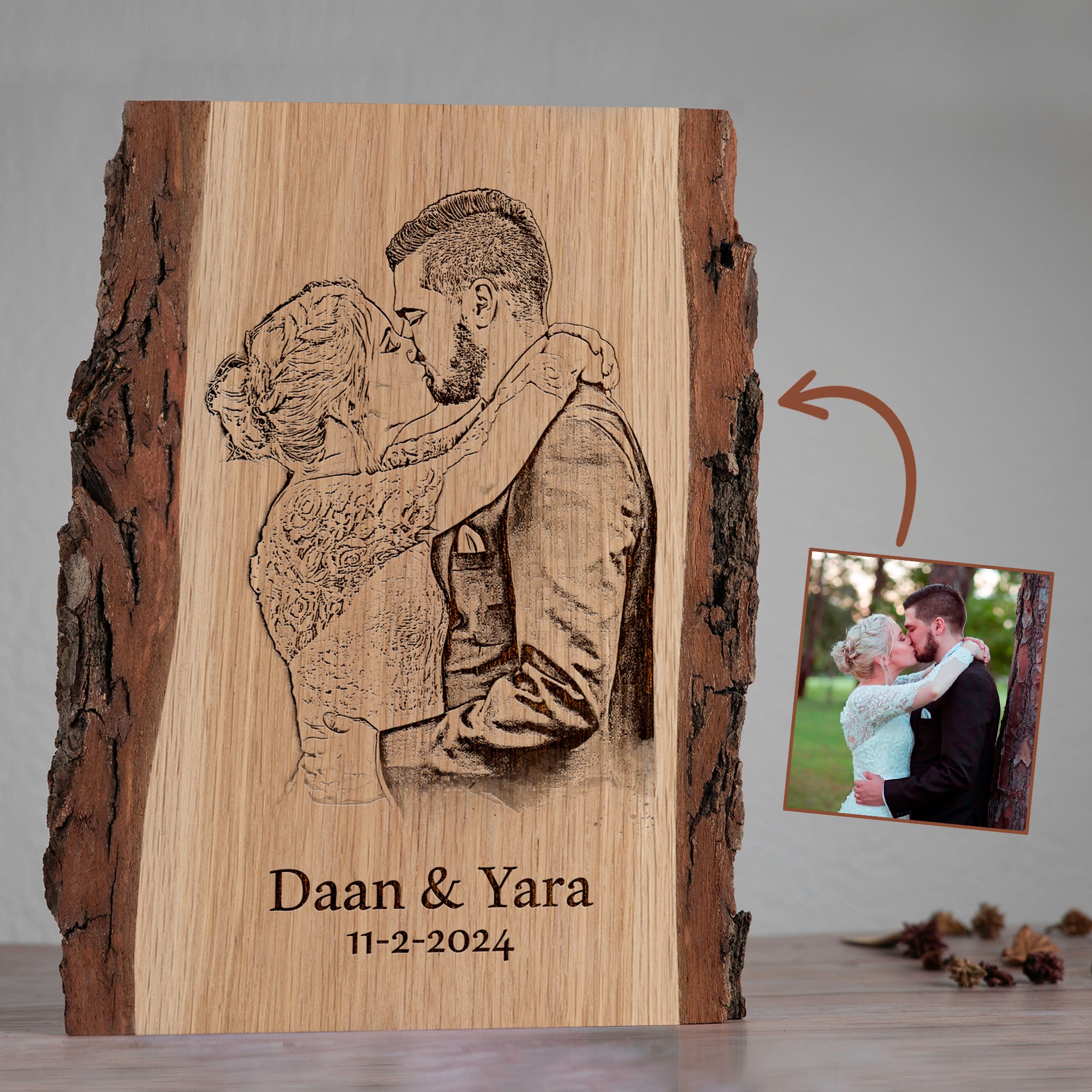 Gepersonaliseerde Pyrografie Kunst - Foto Gebrand op Hout met Schors ...